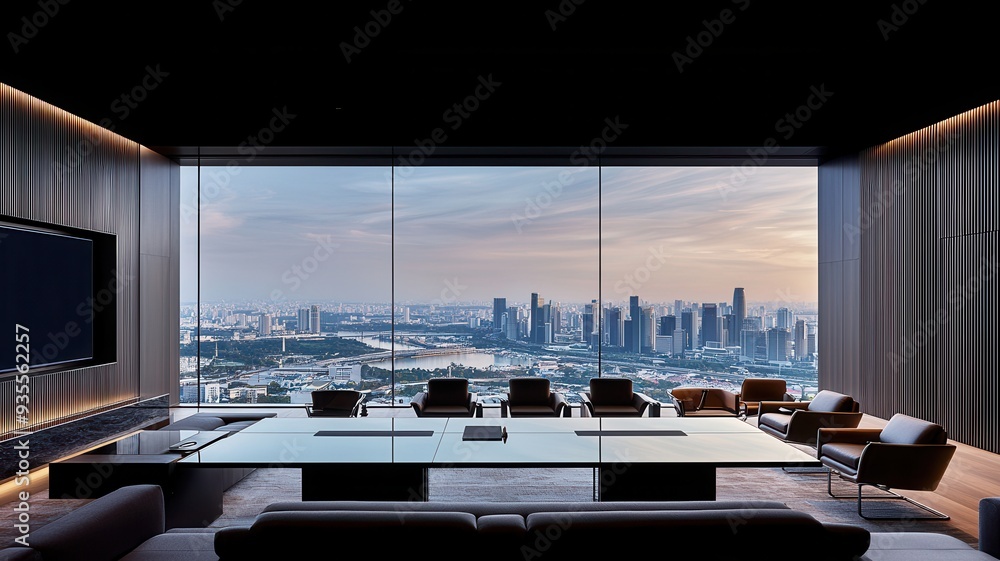 Stylish modern office interior with panoramic city view through large ...