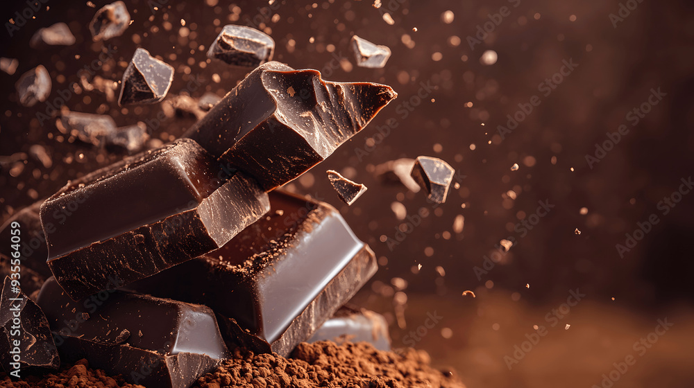 Dark chocolate bar snapping in half with cocoa dust on brown background ...