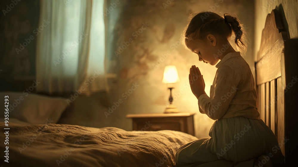 Child kneeling beside bed in prayer with soft bedside lamp light Stock ...