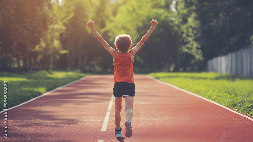 Young athlete crossing finish line with arms raised in triumph Stock ...