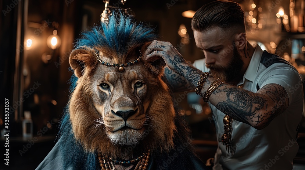 Stylish Lion with Blue and Gold Mohawk Groomed by Tattooed Barber in ...