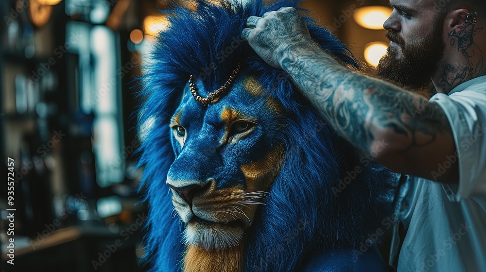 Stylish Lion with Blue and Gold Mohawk Groomed by Tattooed Barber in ...