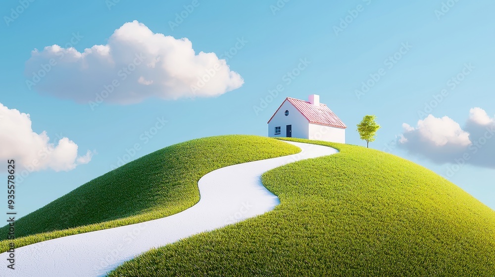 Charming Pathway to Hilltop Home, enchanting landscape featuring a ...