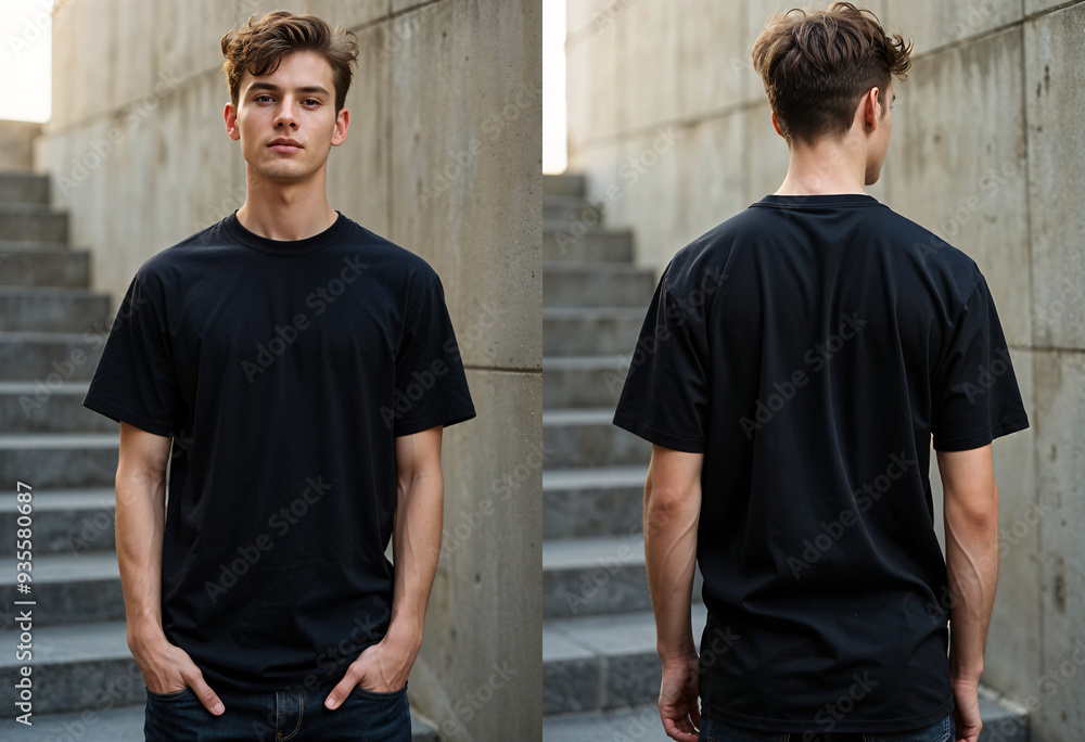 Front and back view of a male model wearing a black t-shirt. A mockup ...
