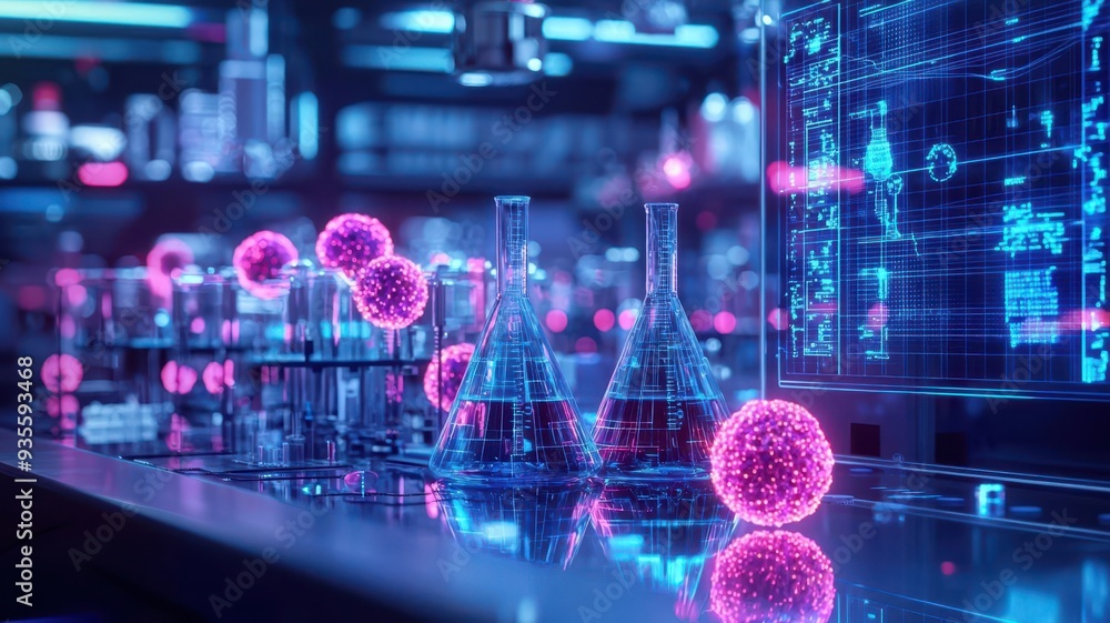 Cancer cell mapping, neon holograms, ultra-modern lab environment Stock ...