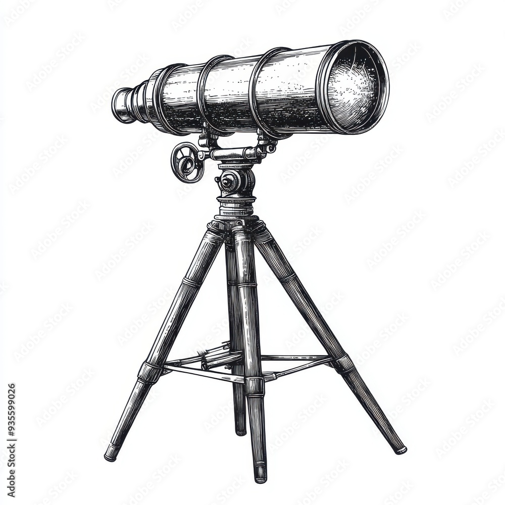 Black and white Vintage engraved art of a classic telescope, isolated ...