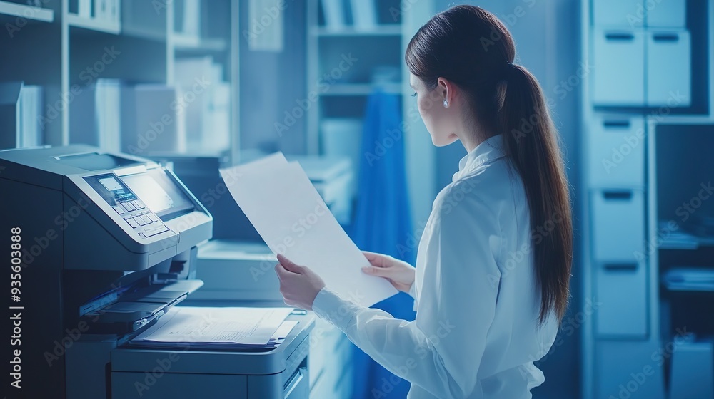 Office worker print paper on multifunction laser printer. Document and ...