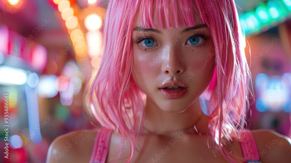 Japanese model in a pink wig and cheerful school uniform, partying at a ...