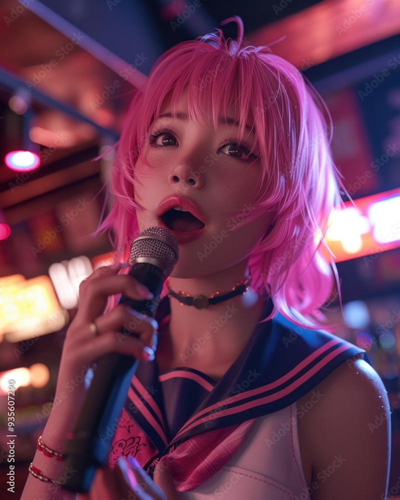 Beautiful young Japanese woman in a pink wig and eye-catching school ...