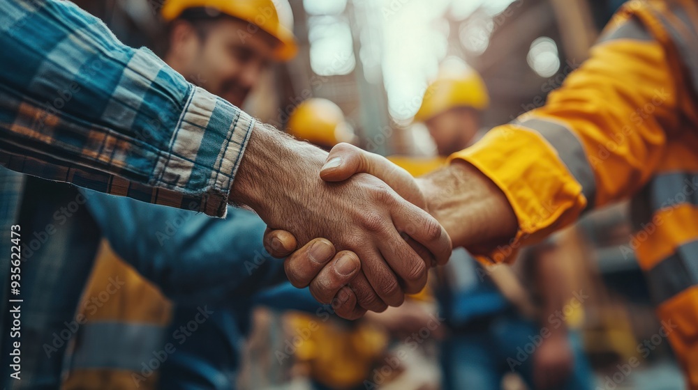 A construction team working together to complete a task, demonstrating ...