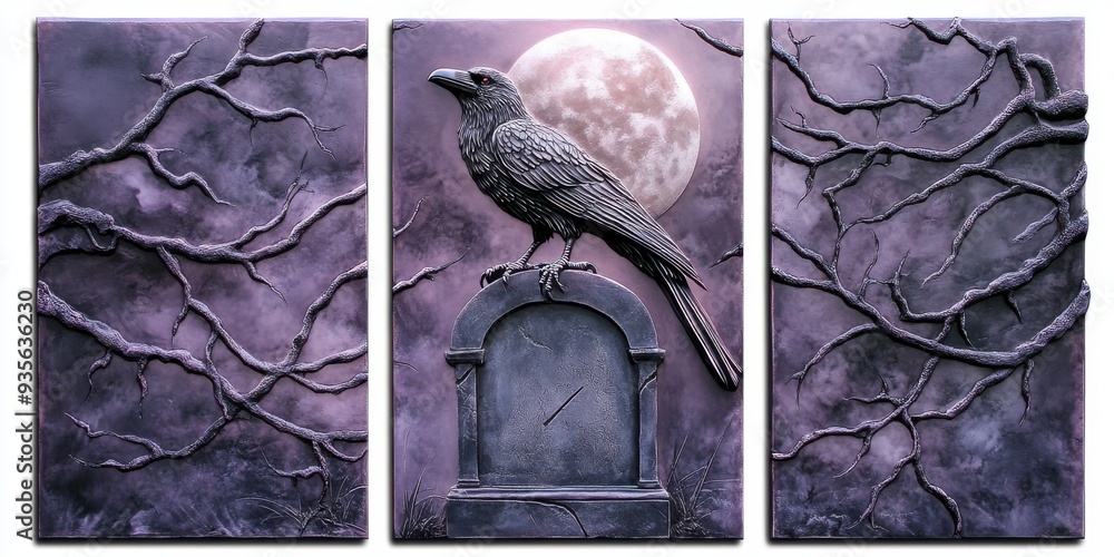 Set of 3 wall art panels with 3D wall carved art of a raven perched on ...