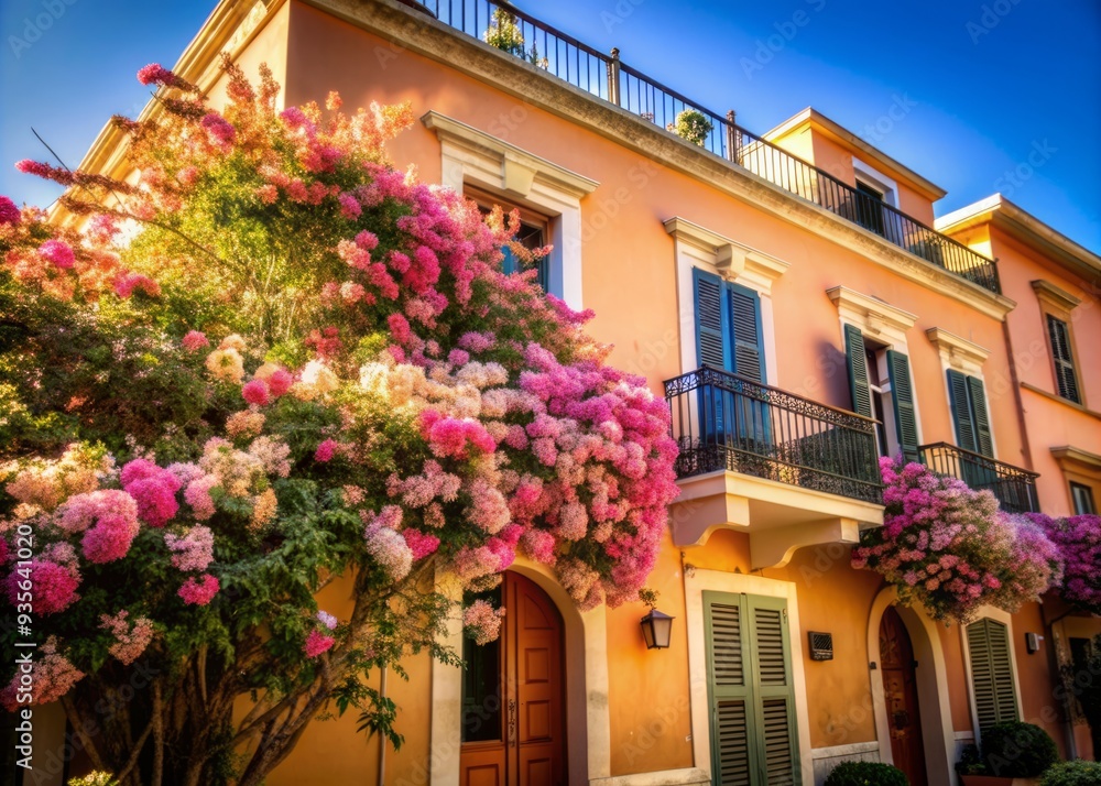Vibrant bright pink oleander flowers cascade down the sun-kissed facade ...