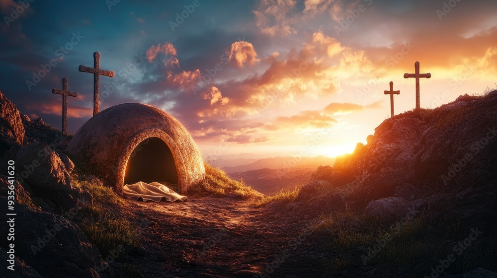 Light Shining From Empty Tomb With Folded Cloth At Sunrise With Three ...