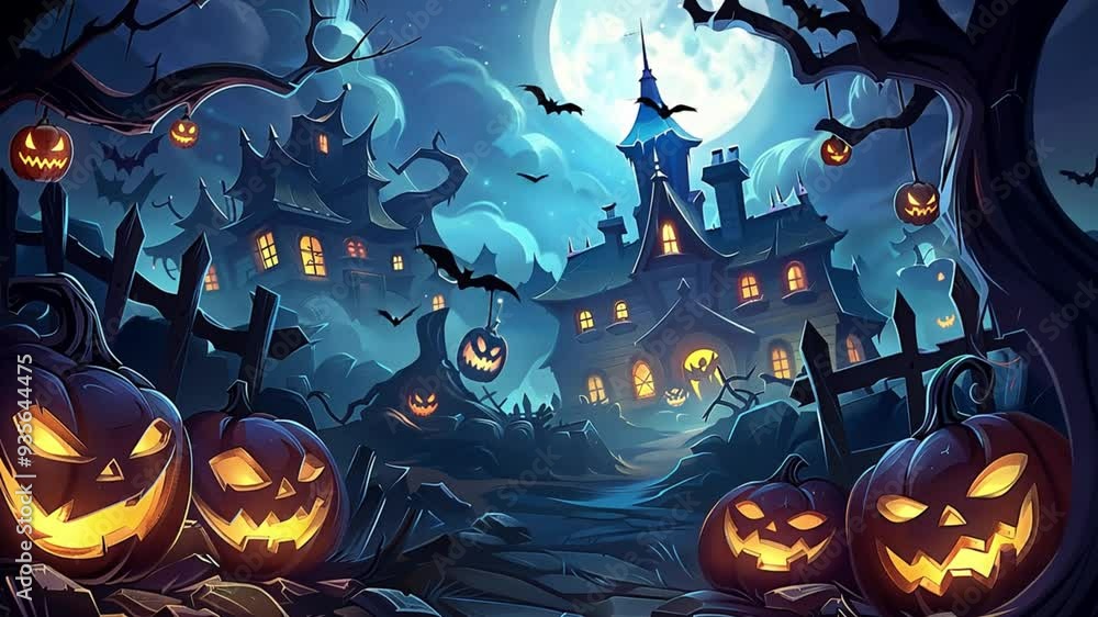 Halloween scene, Halloween night decorative with bat and moon ...