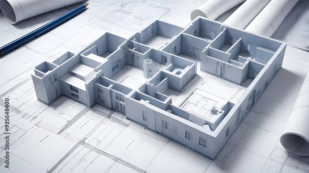 3D building model on detailed blueprints showcasing layout and ...