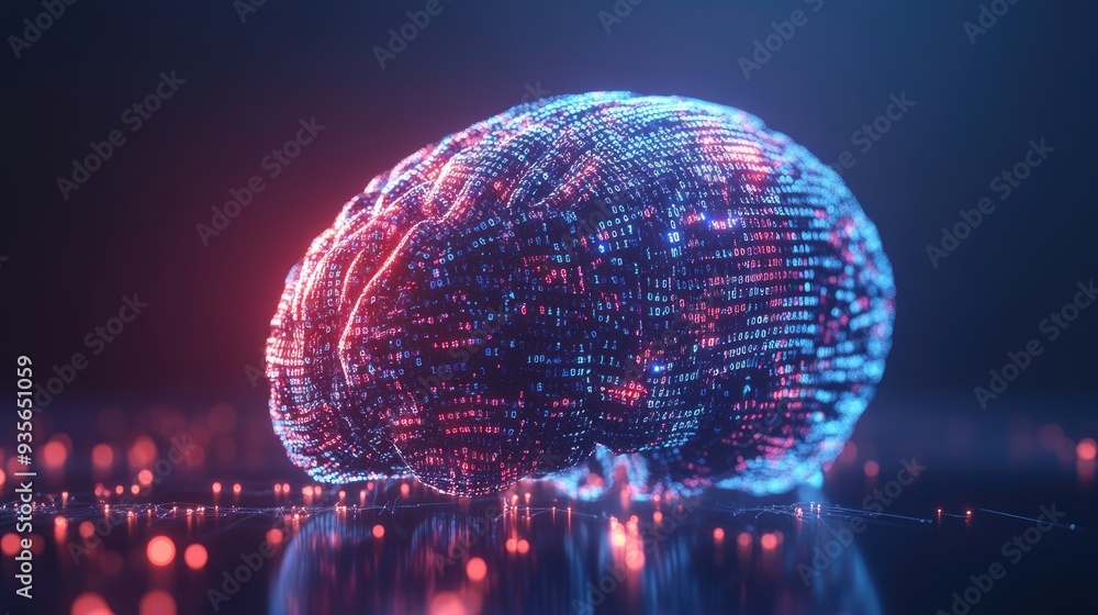 Abstract 3D rendering of a human brain made of data streams and binary code, with a clean space ...