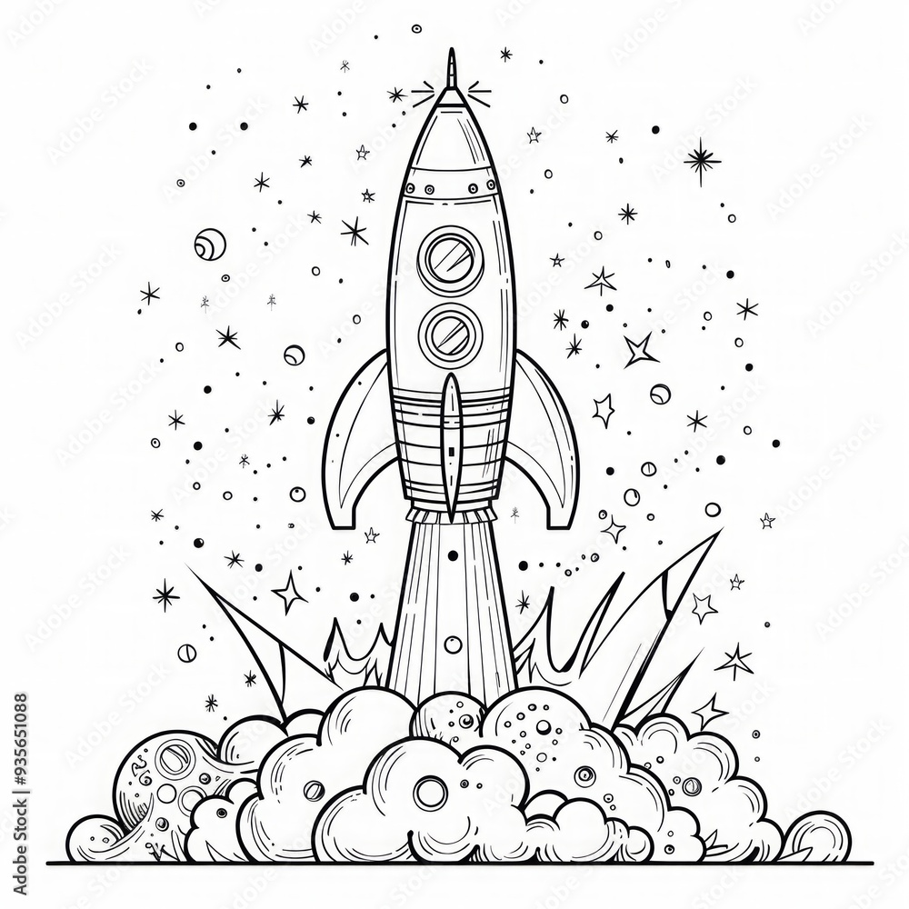 Retro rocket ship launching into space with stars and planets. Black ...
