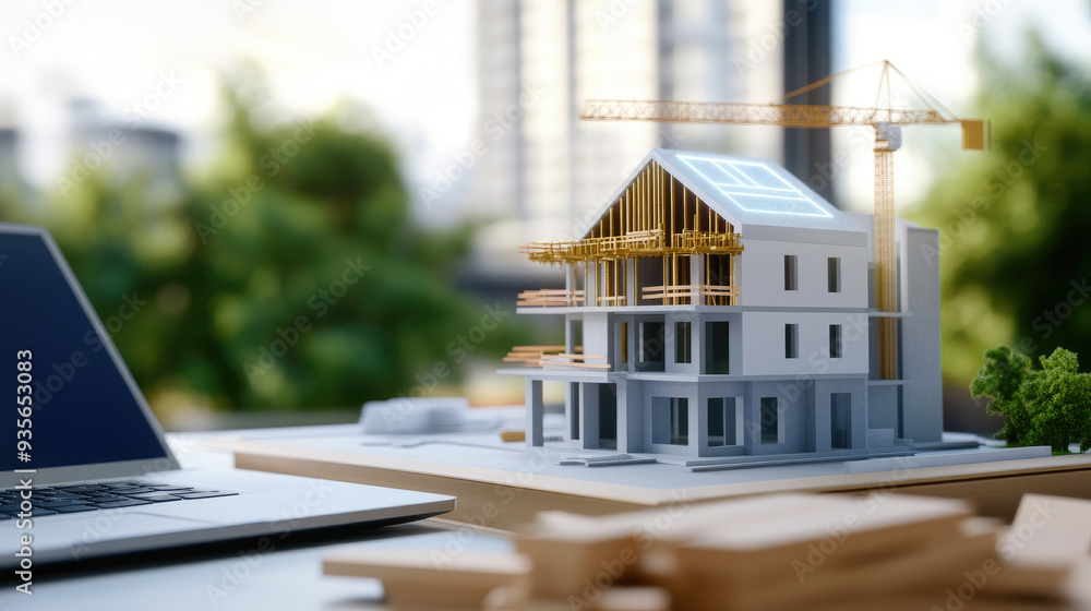 Architectural Model with Construction Crane, detailed miniature of a ...