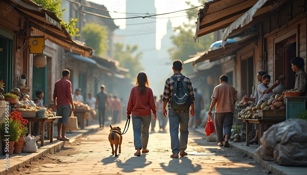 Colorful stalls in an island city bustling with tourists. A scene ...