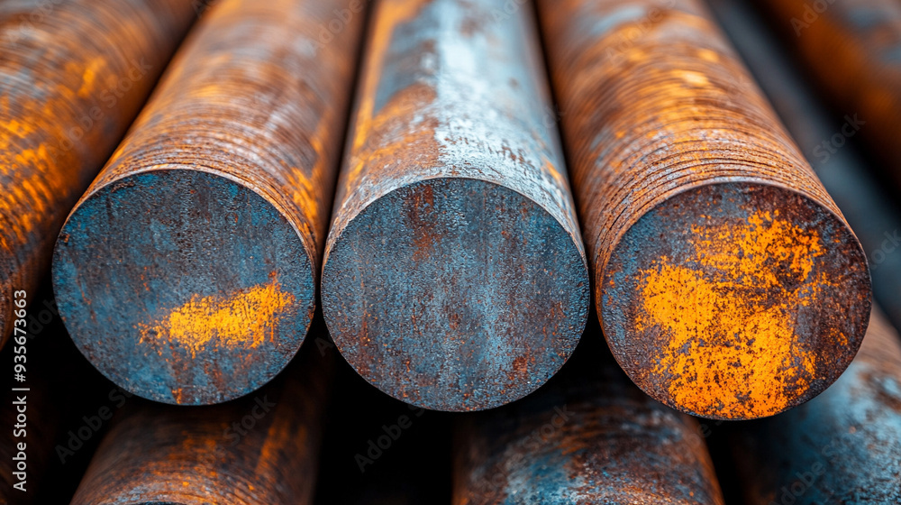 round metallic bars, highlighting their texture and shine, used in ...