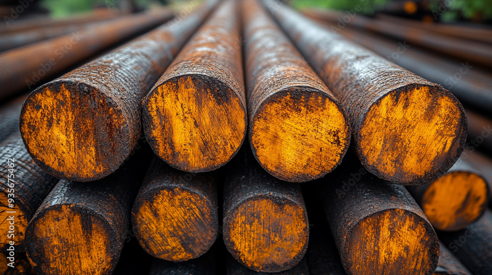 round metallic bars, highlighting their texture and shine, used in ...