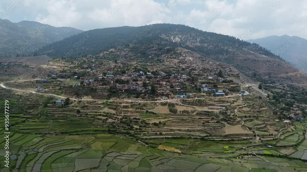 "Aerial view of a traditional village in Jumla, Nepal, nestled in the ...