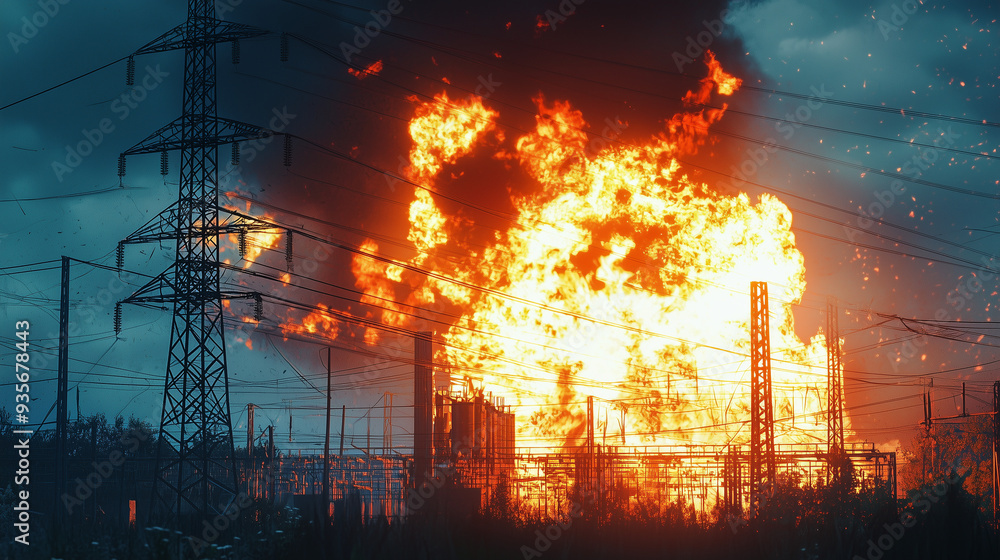 massive fire on electrical power station at night, explosion on ...