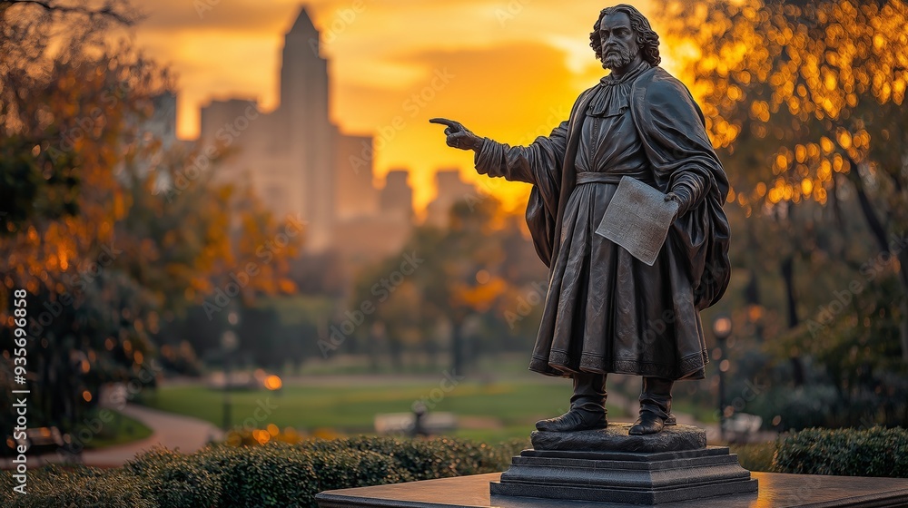 A statue of Christopher Columbus in a grand city plaza, raised on a ...