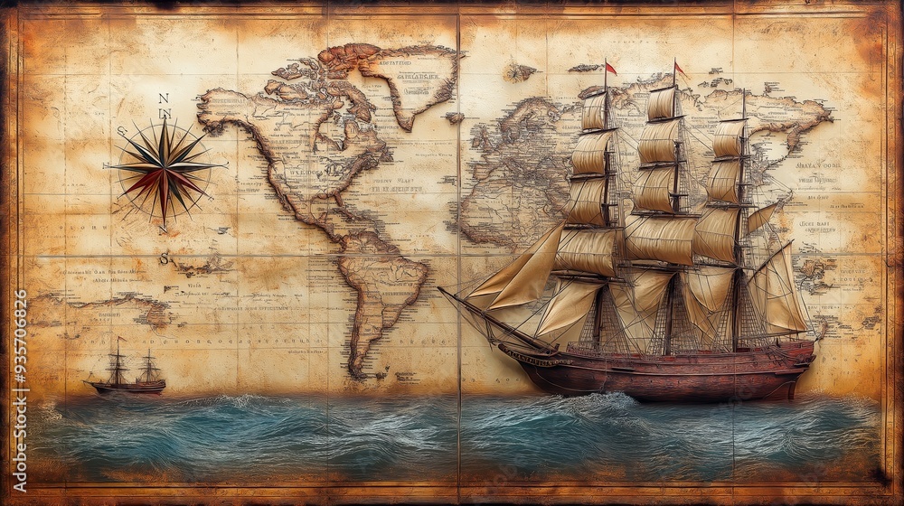 A vintage-style navigation map detailed with old-world nautical charts ...