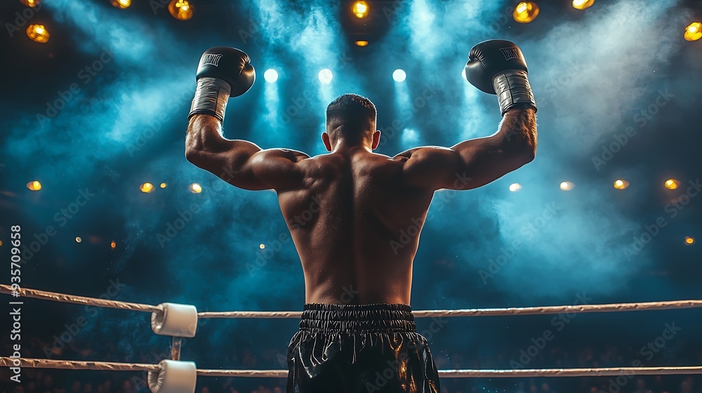 Boxer in the ring. The fighter raised his hands up, demonstrating his ...