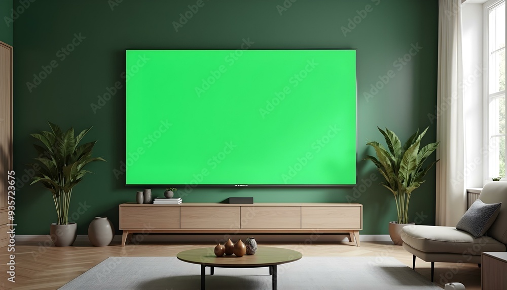 Smart Tv Mockup with blank green screen hanging in modern white empty ...