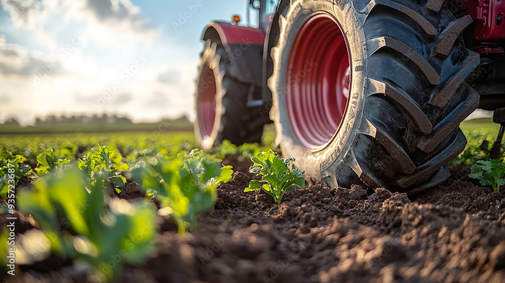 tractor's wheel turns in a freshly plowed field, symbolizing hard work ...