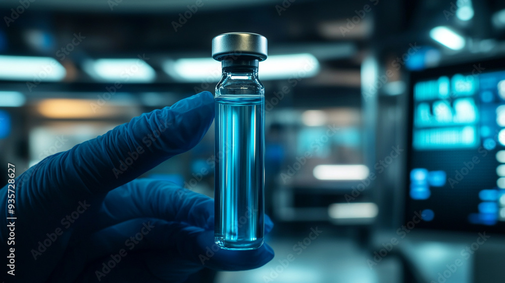 hand holding a vaccine vial filled with clear fluid, symbolizing ...