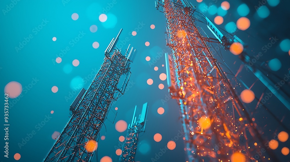 Communication via cell towers in telecommunication, with signals ...