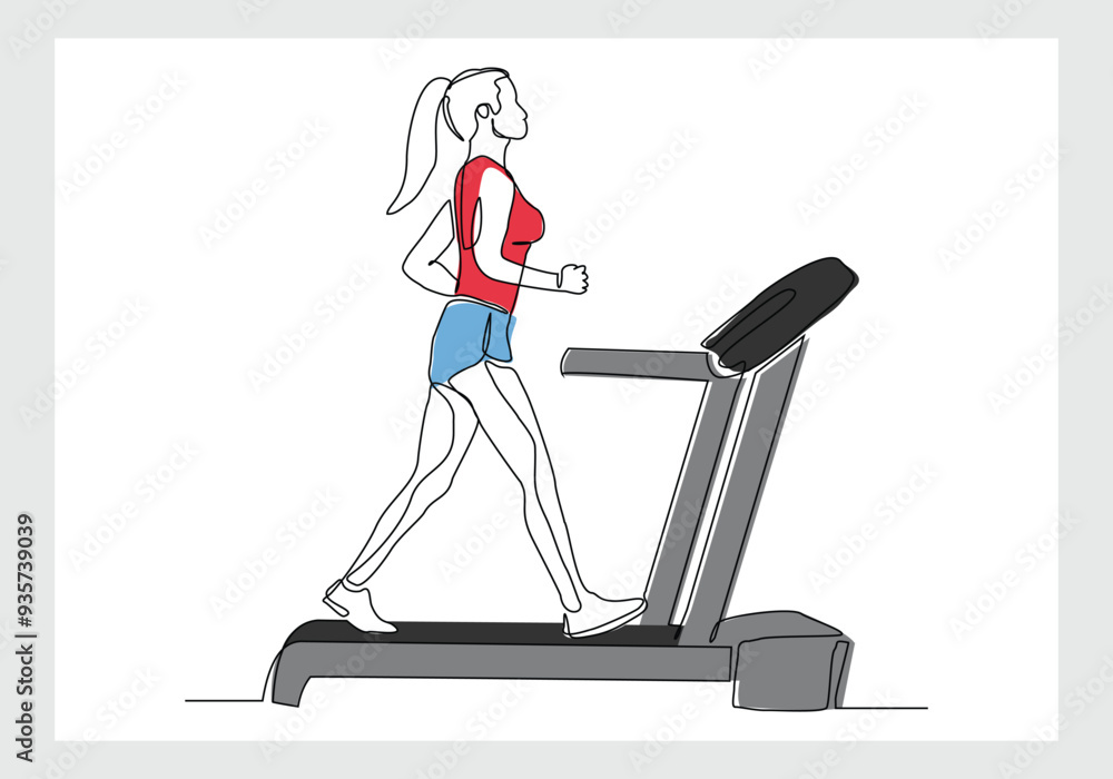 Continuous single line sketch drawing of healthy woman run on treadmill ...