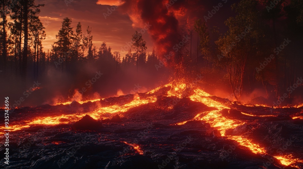 A powerful lava eruption creates an intimidating and surreal landscape ...