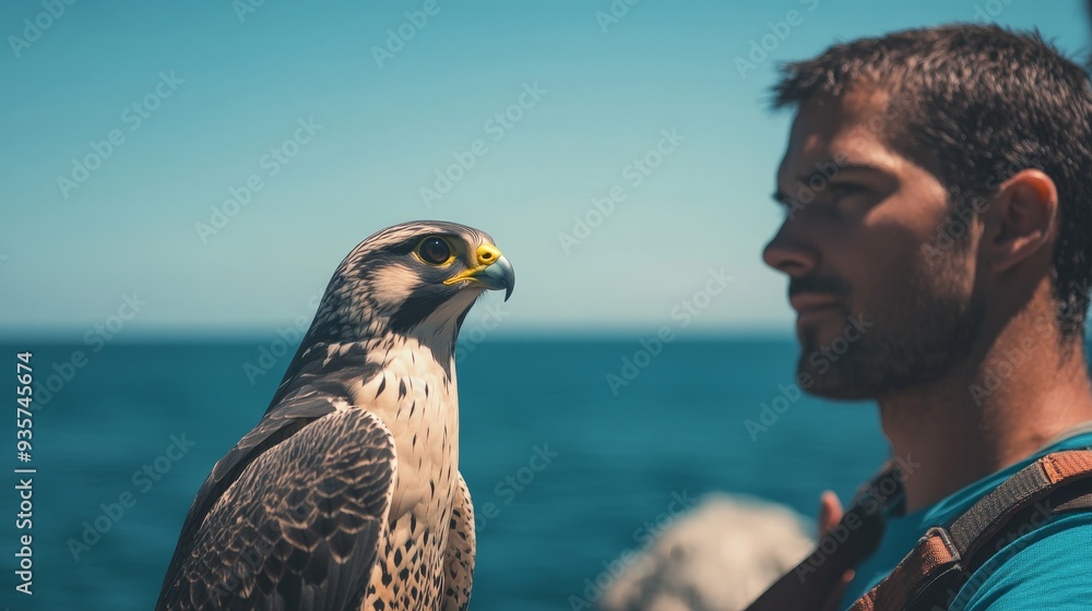 A falcon and its handler stand by the seaside, symbolizing freedom and ...