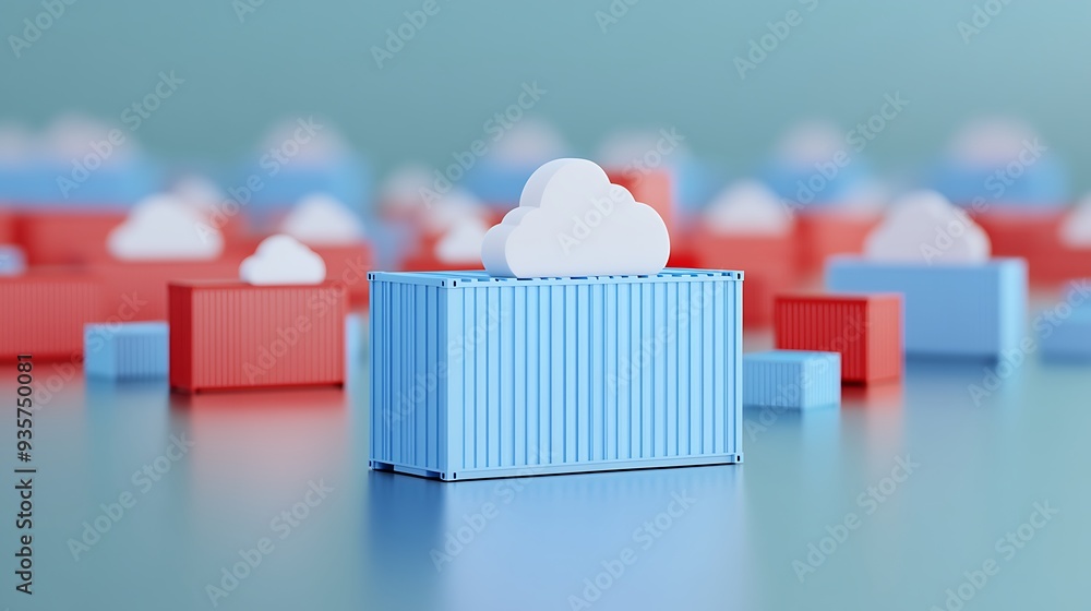 3D representation of cloud storage and containerization in light blue ...