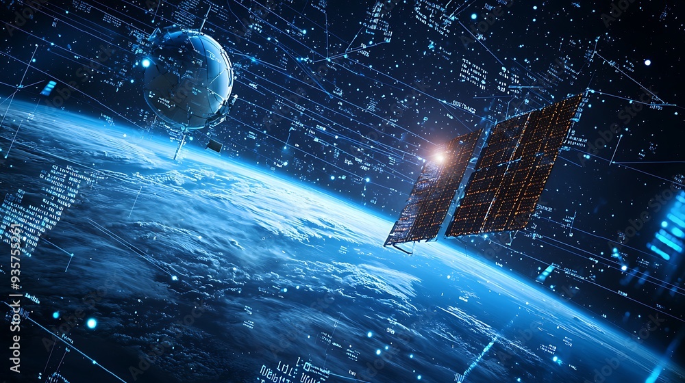 Digital data exchange through telecommunication satellites, visualizing ...