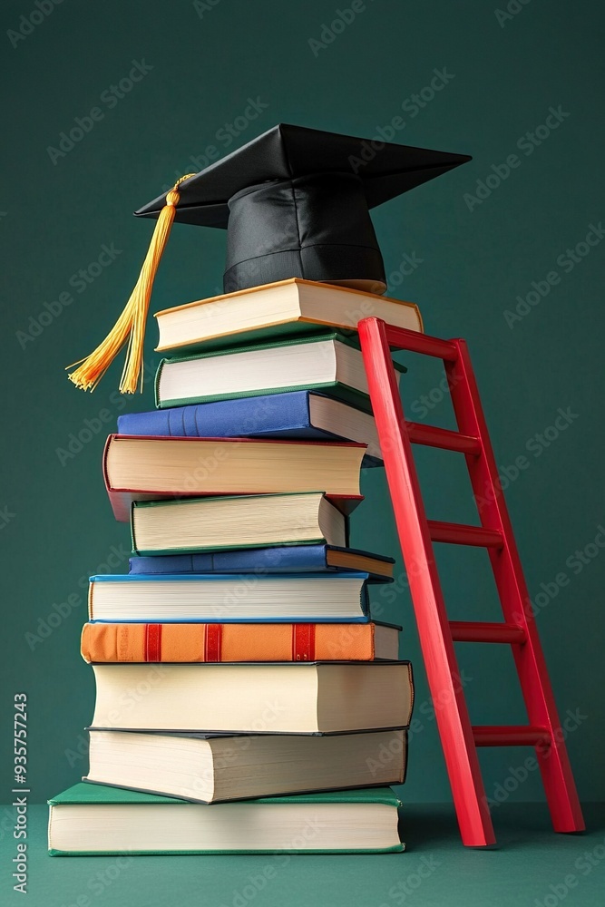 Stacked books, a graduation cap and ladder. Concept of learning and ...
