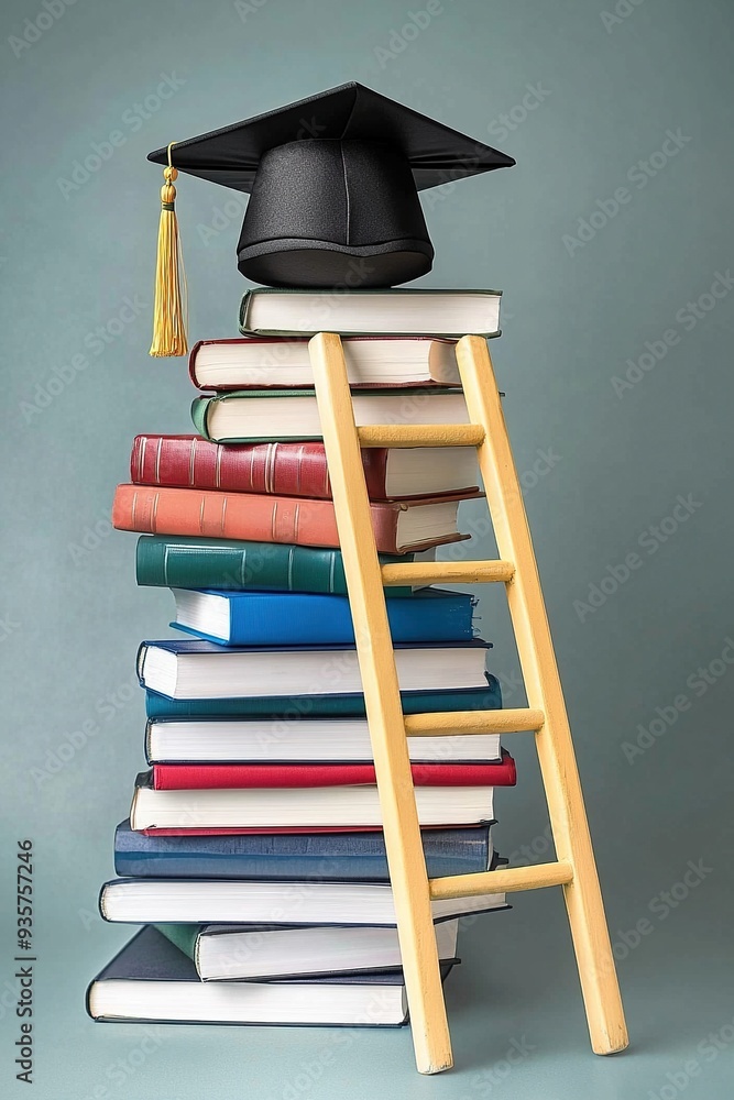 Stacked books, a graduation cap and ladder. Concept of learning and ...