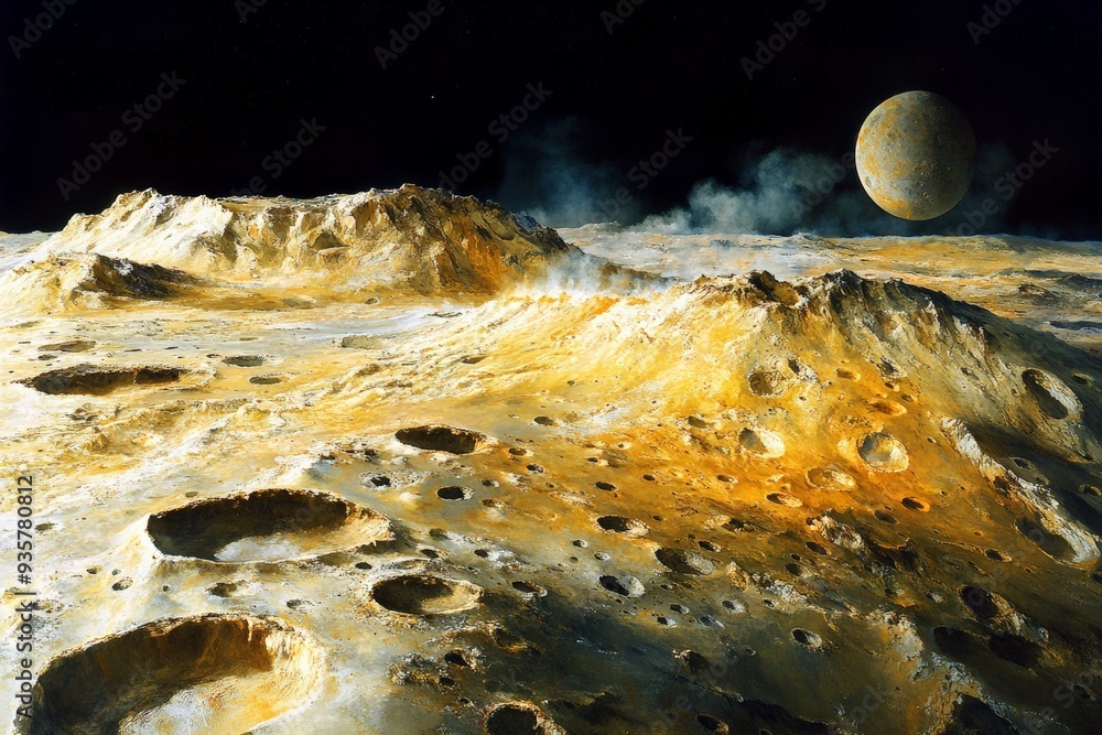 An image showcasing eerie volcanic ridges and craters on an alien ...