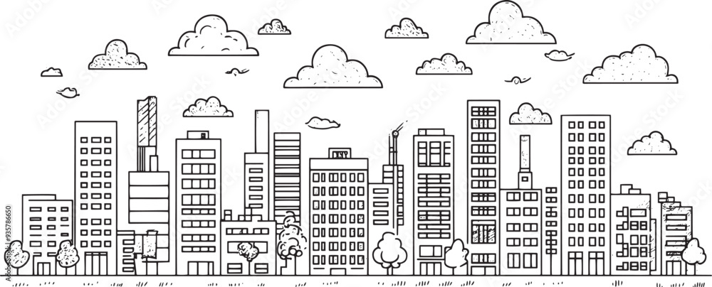 City landscape. Line urban backdrop. Skyline with clouds, different ...