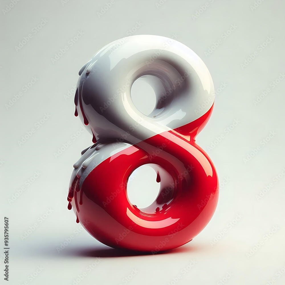 A red and white 8 is dripping with paint. The dripping paint gives the ...
