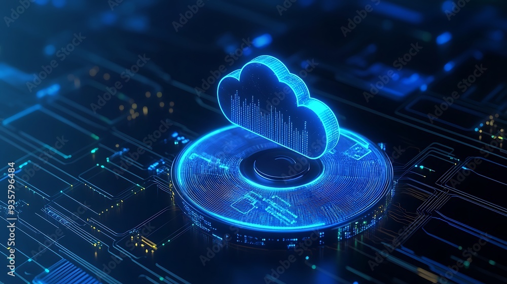 Futuristic digital cloud storage concept with glowing holographic interface on circuit board ...