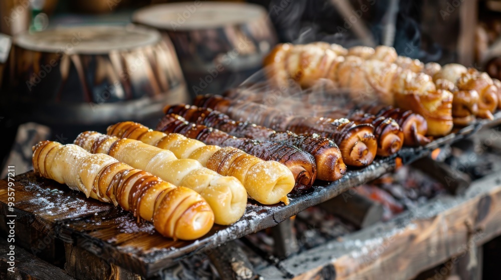 Trdelnik, a traditional Czech street food from Prague, consists of ...