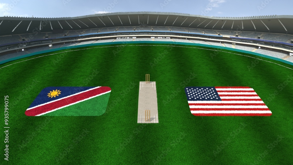 Cricket Stadium with NAMIBIA AND USA Flags on the Ground Representing ...