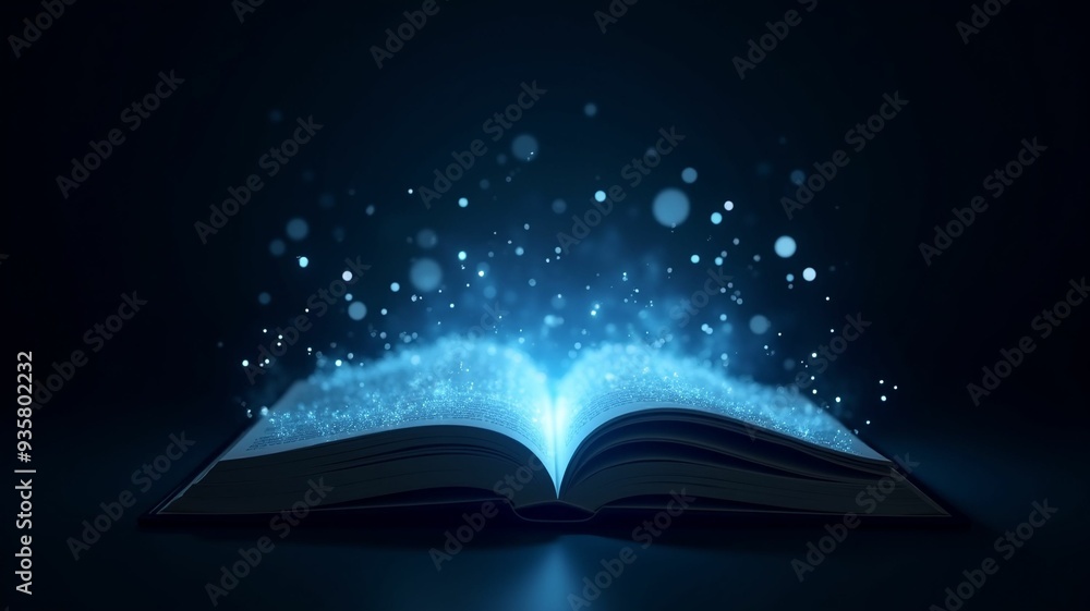 book with blue digital rays, particles and glowing on black background ...