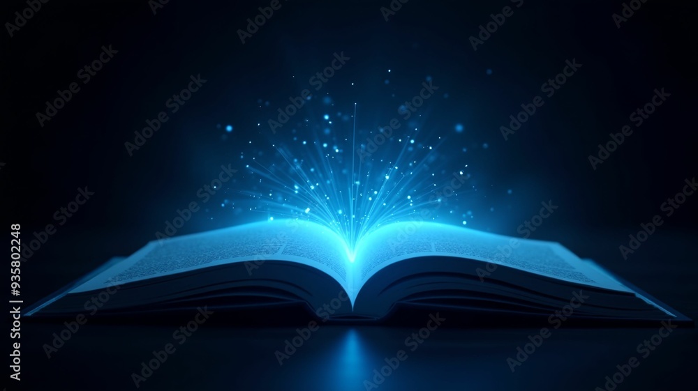 book with blue digital rays, particles and glowing on black background ...