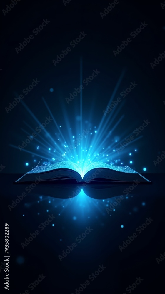 book with blue digital rays, particles and glowing on black background ...